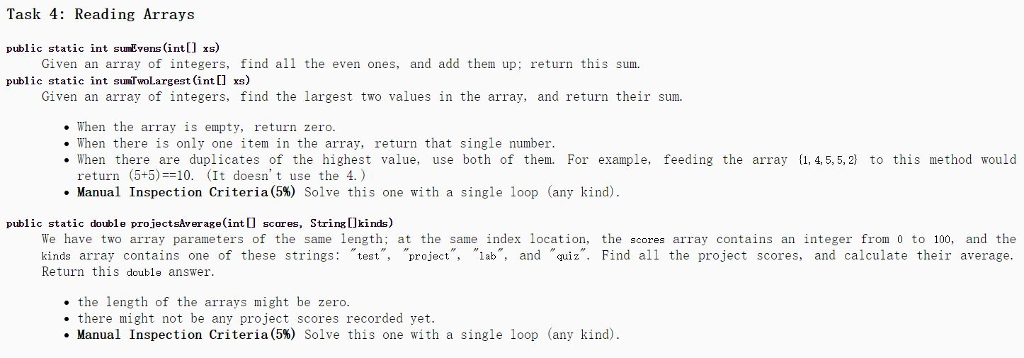 Solved Task 4: Reading Arrays public static int sumEvens | Chegg.com