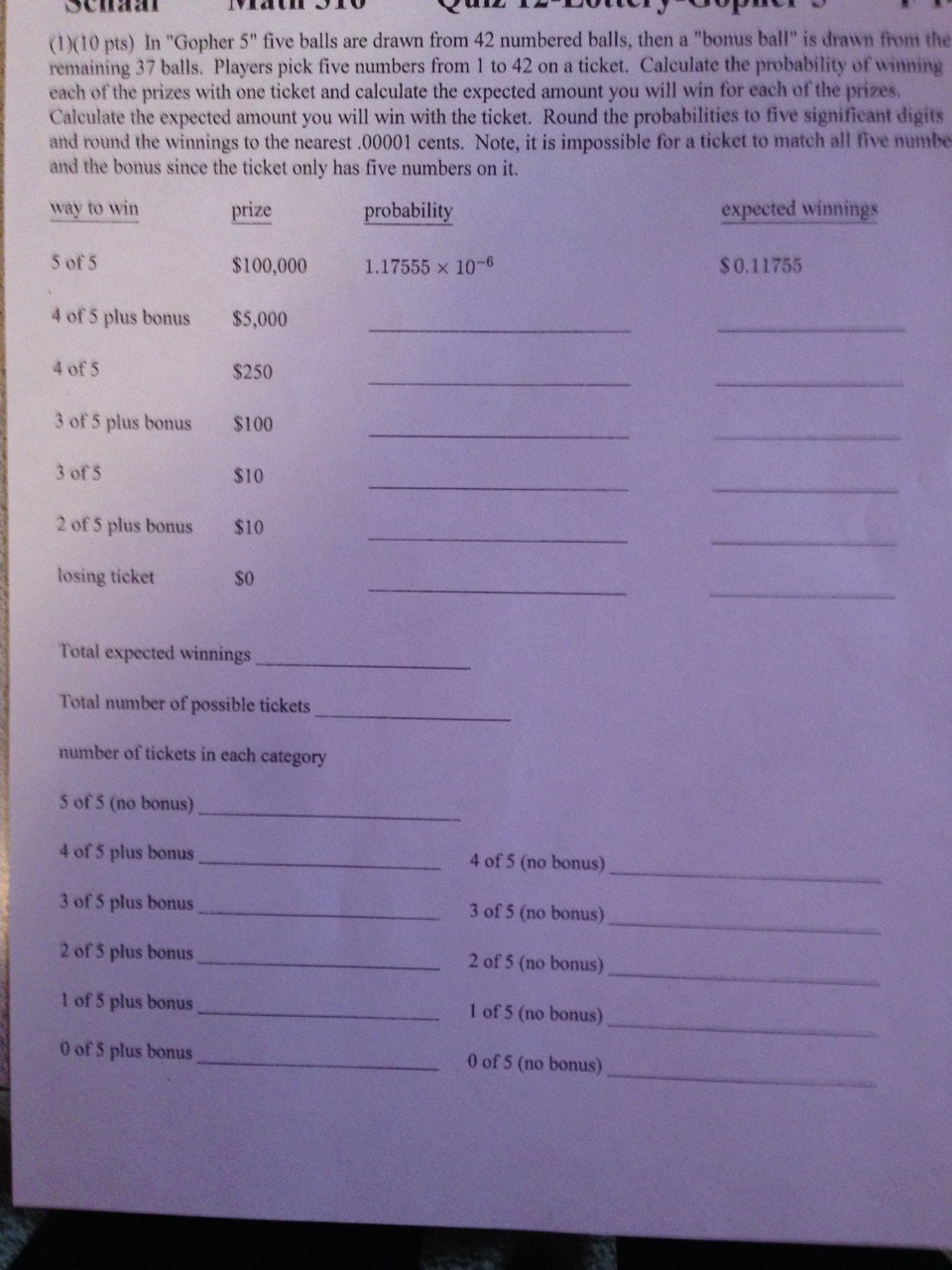 In "Gopher 5" five balls are drawn from 42 numbered | Chegg.com