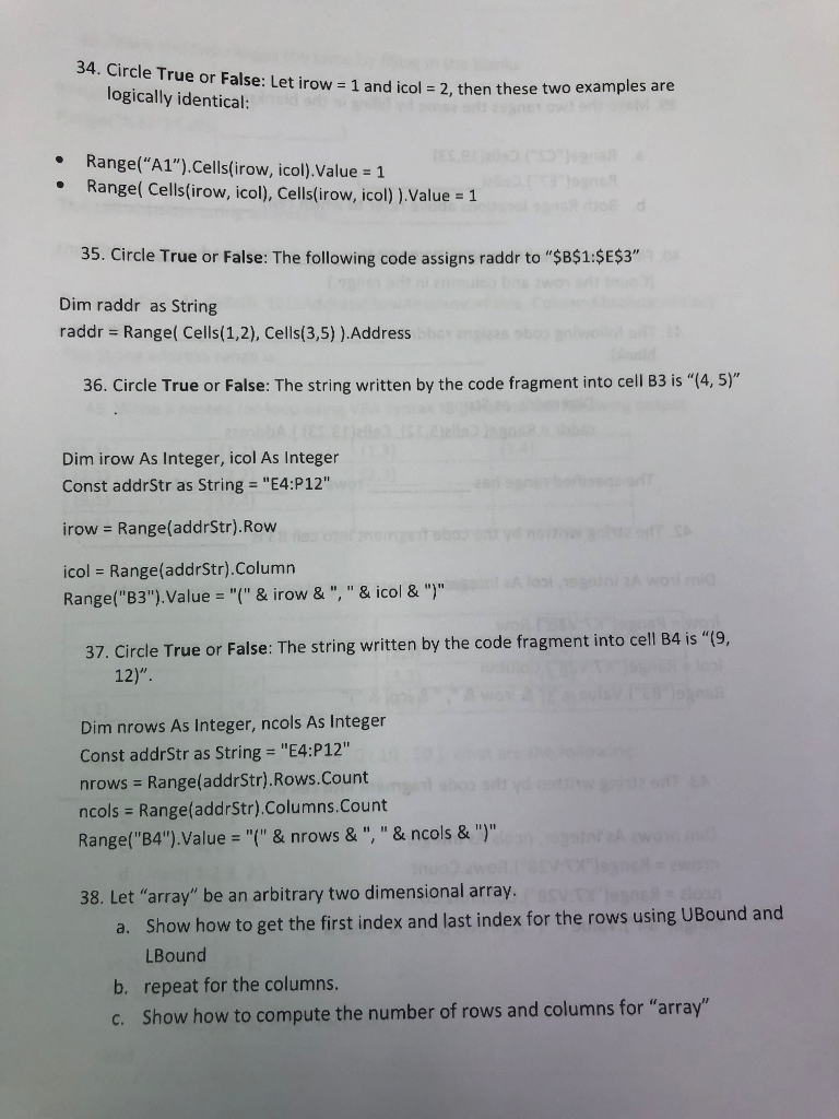 34. Circle True or False: Let row = 1 and icol = 2, | Chegg.com
