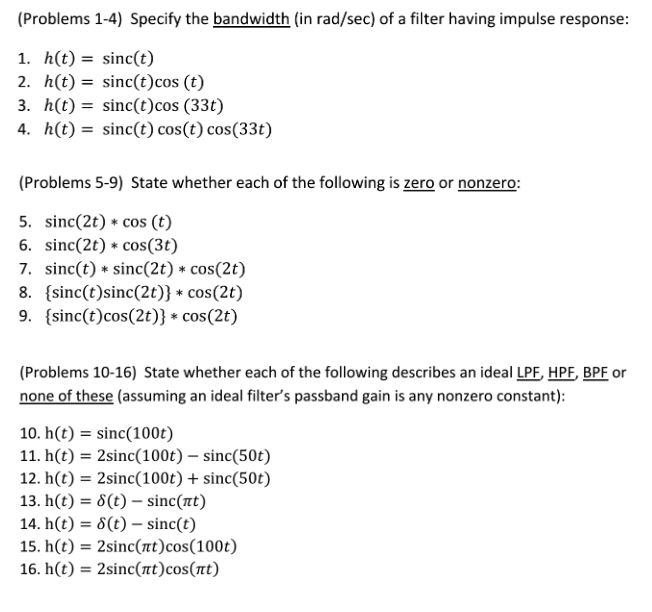 (Problems 1-4) Specify the bandwidth (In rad/sec) of | Chegg.com