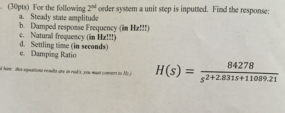 Solved For the following 2^nd order system a unit step is | Chegg.com