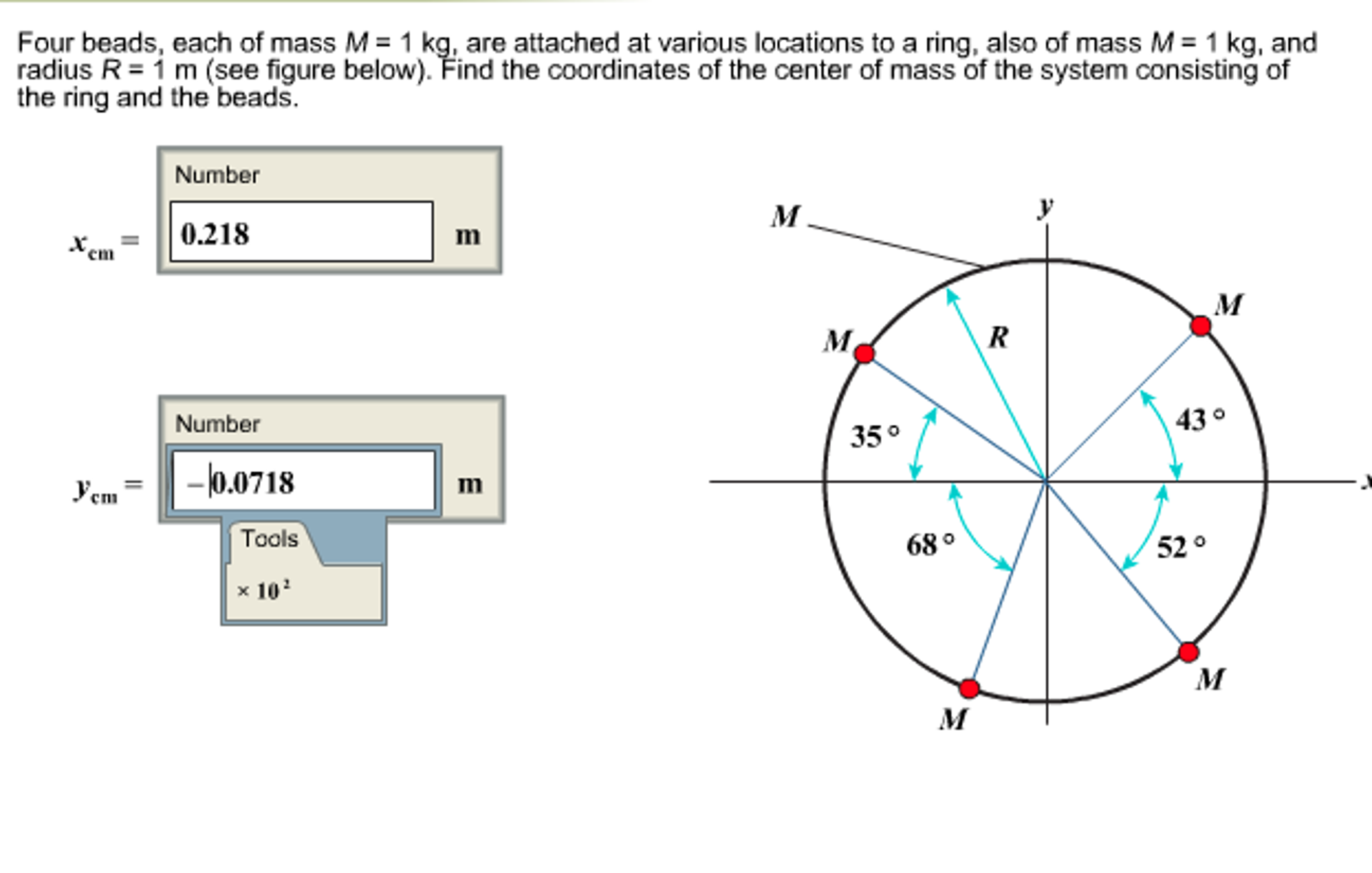 Solved Four beads, each of mass M = 1 kg, are attached at | Chegg.com