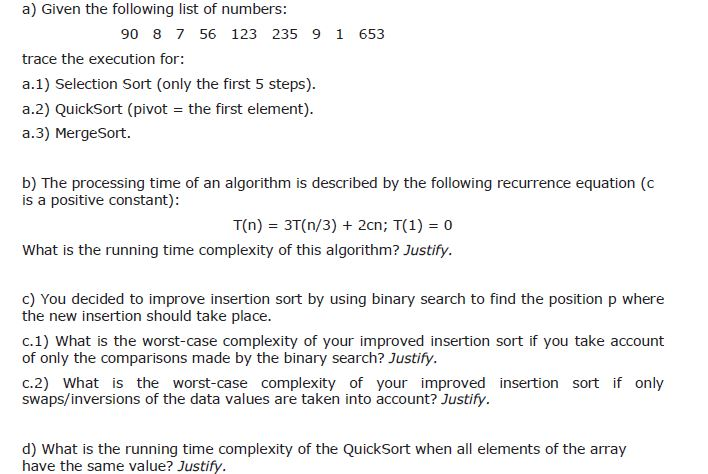 Solved a) Given the following list of numbers: 90 8 7 56 | Chegg.com