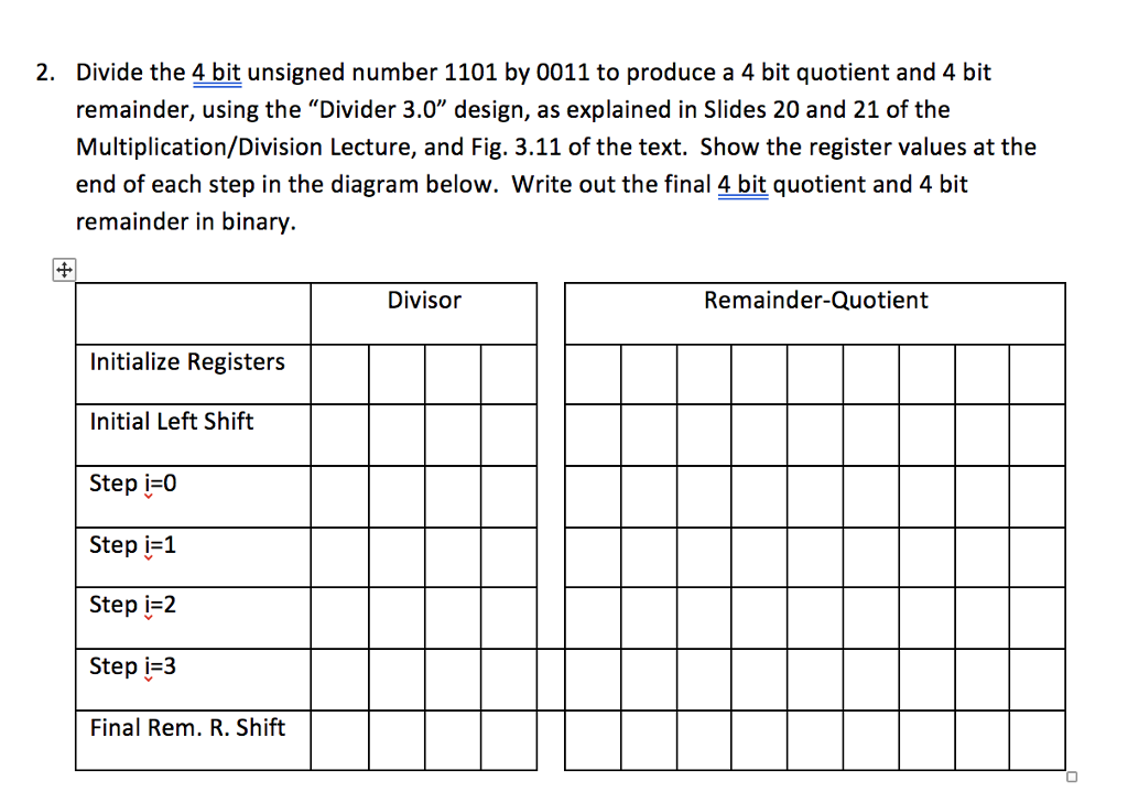 2. Divide the 4 bit unsigned number 1101 by 0011 to | Chegg.com
