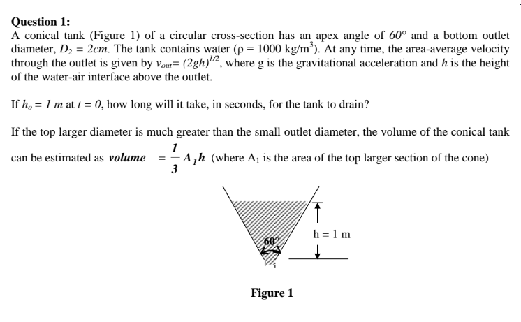 Solved Question 1: A conical tank (Figure1 of a circular | Chegg.com