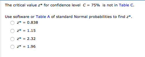 Solved The critical value z* for confidence level C = 75% is | Chegg.com
