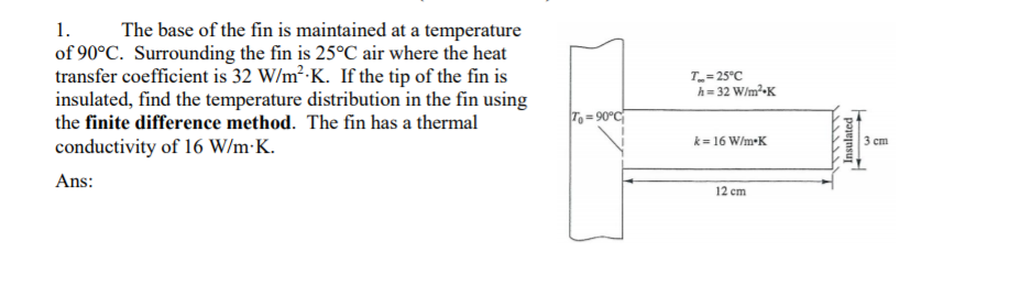 Solved The base of the fin is maintained at a temperature of | Chegg.com