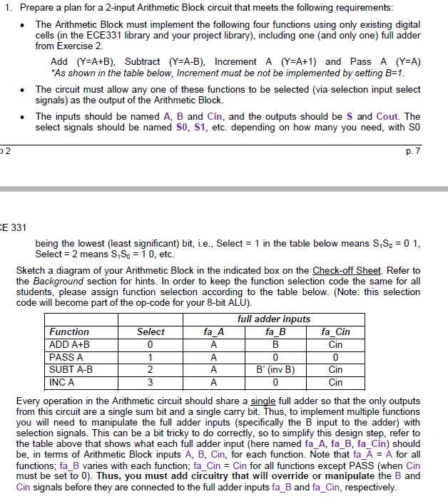Solved Prepare A Plan For A 2 Input Arithmetic Block Circuit 