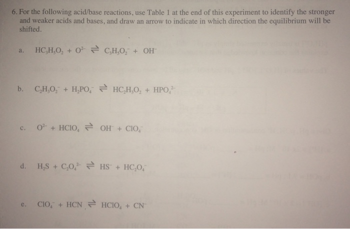 Solved 6. For the following acid/base reactions, use Table 1 | Chegg.com