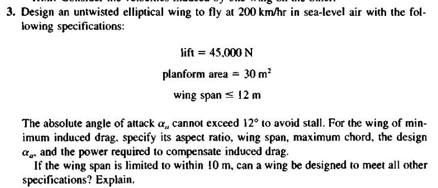 Solved 3. Design an untwisted elliptical wing to fly at 200 | Chegg.com