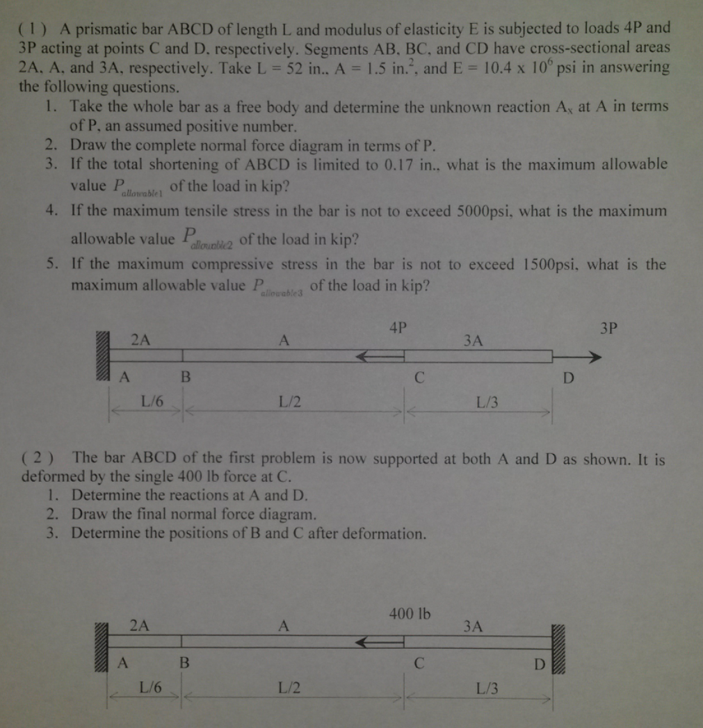 Solved A prismatic bar ABCD of length L and modulus of | Chegg.com