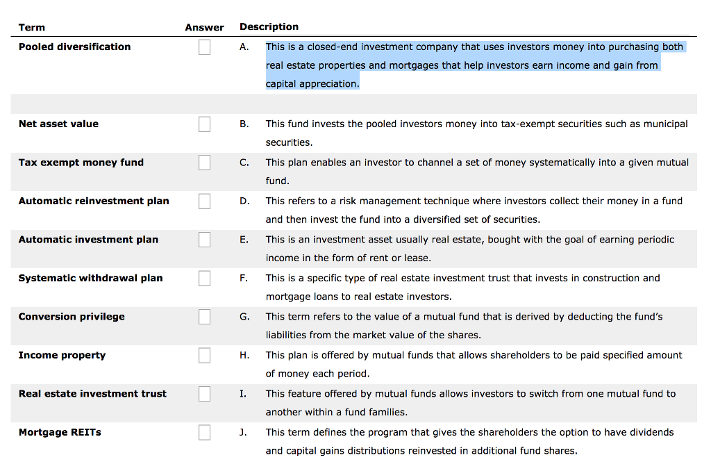 Solved Pooled diversification Net asset value Tax exempt | Chegg.com