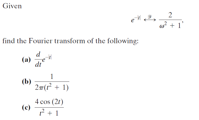 Solved Given e^-t| 2/w^2 + 1 find the Fourier transform of | Chegg.com