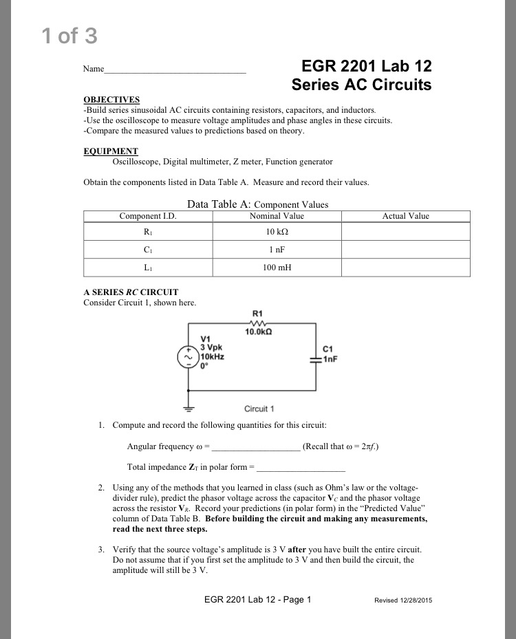 Solved 1 of 3 EGR 2201 Lab 12 Series AC Circuits ame | Chegg.com