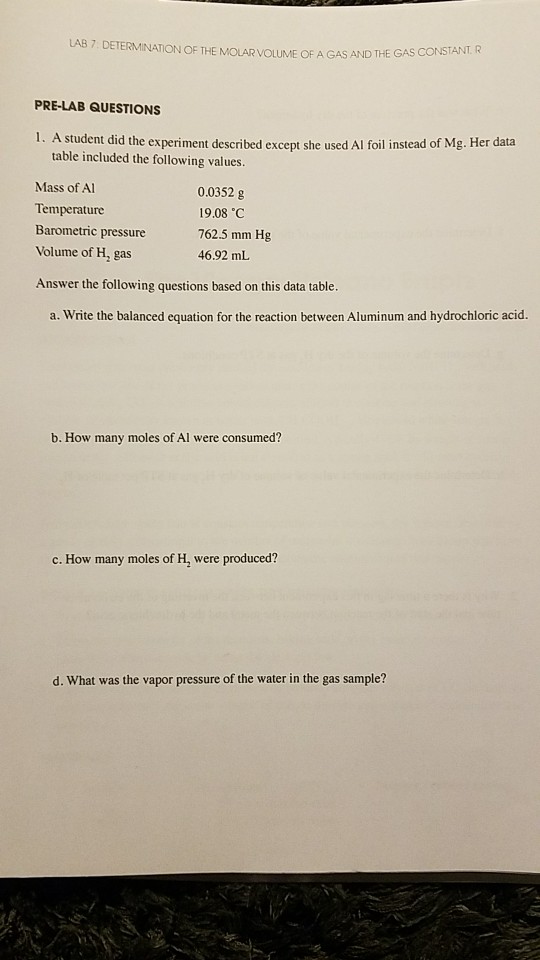 Solved LAB 7 DETERMINATION OF THE MOLAR VOLUME OF A GAS AND | Chegg.com