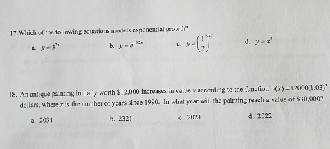 Solved Which of the following equations models exponential | Chegg.com