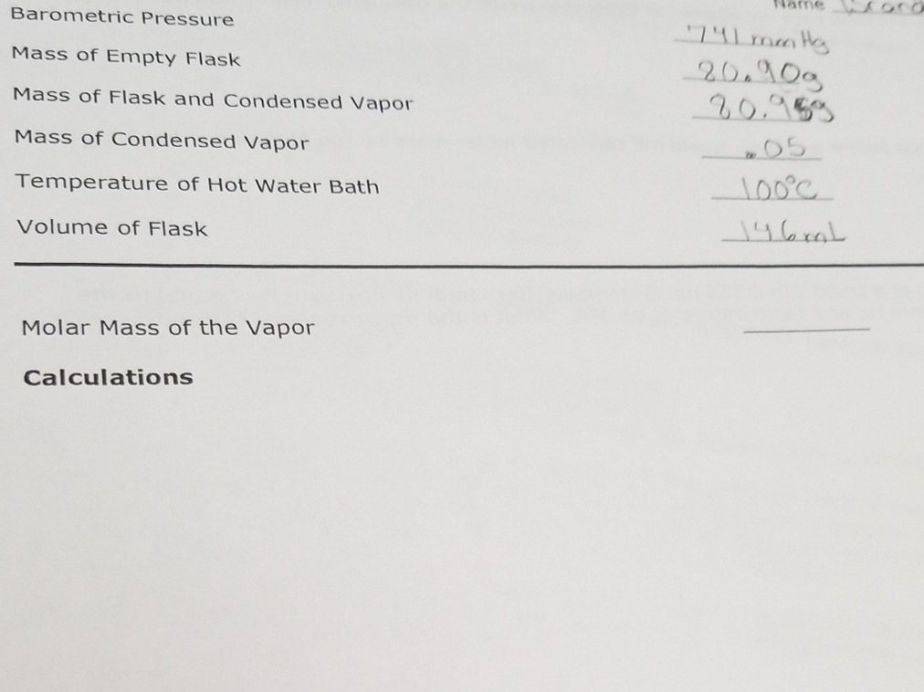Solved Barometric Pressure Mass of Empty Flask Mass of Flask | Chegg.com