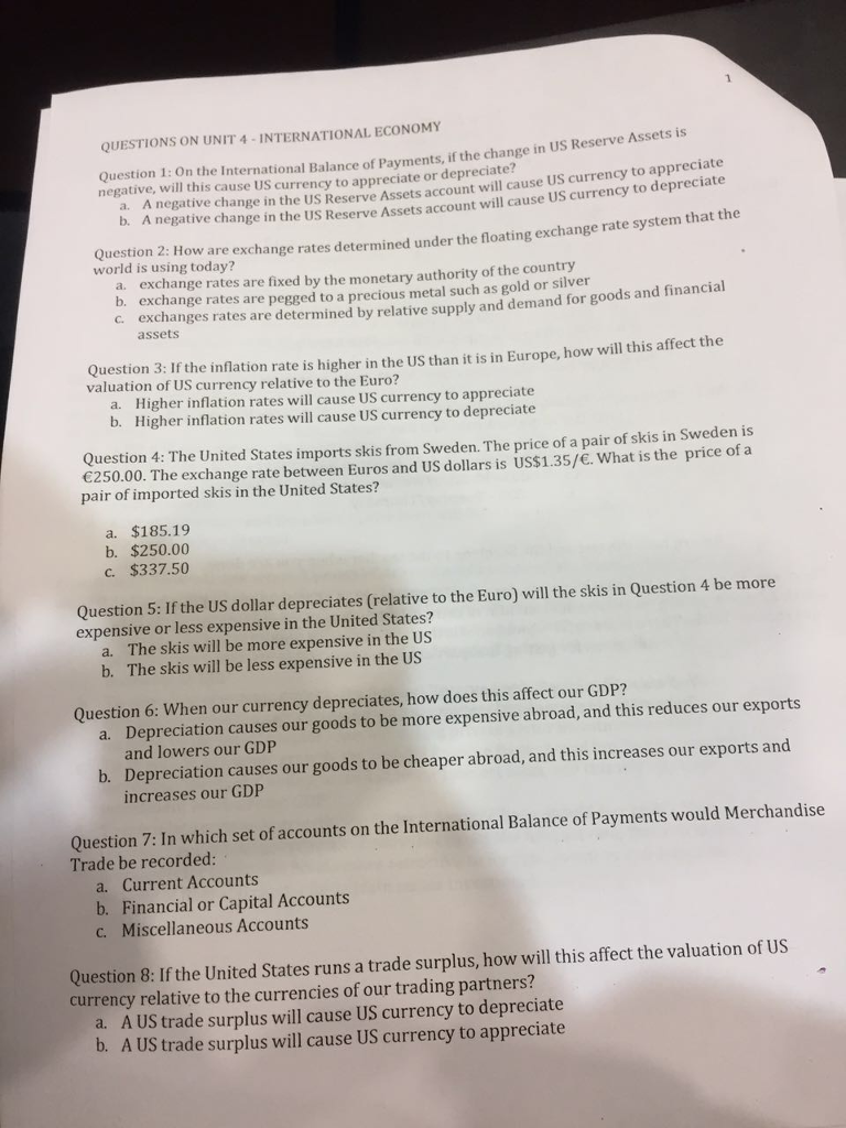 Solved QUESTIONS ON UNIT 4 - INTERNATIONAL ECONOMY Question | Chegg.com