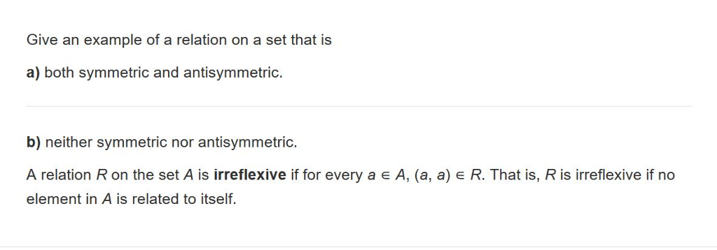 Solved Give an example of a relation on a set that is a) | Chegg.com