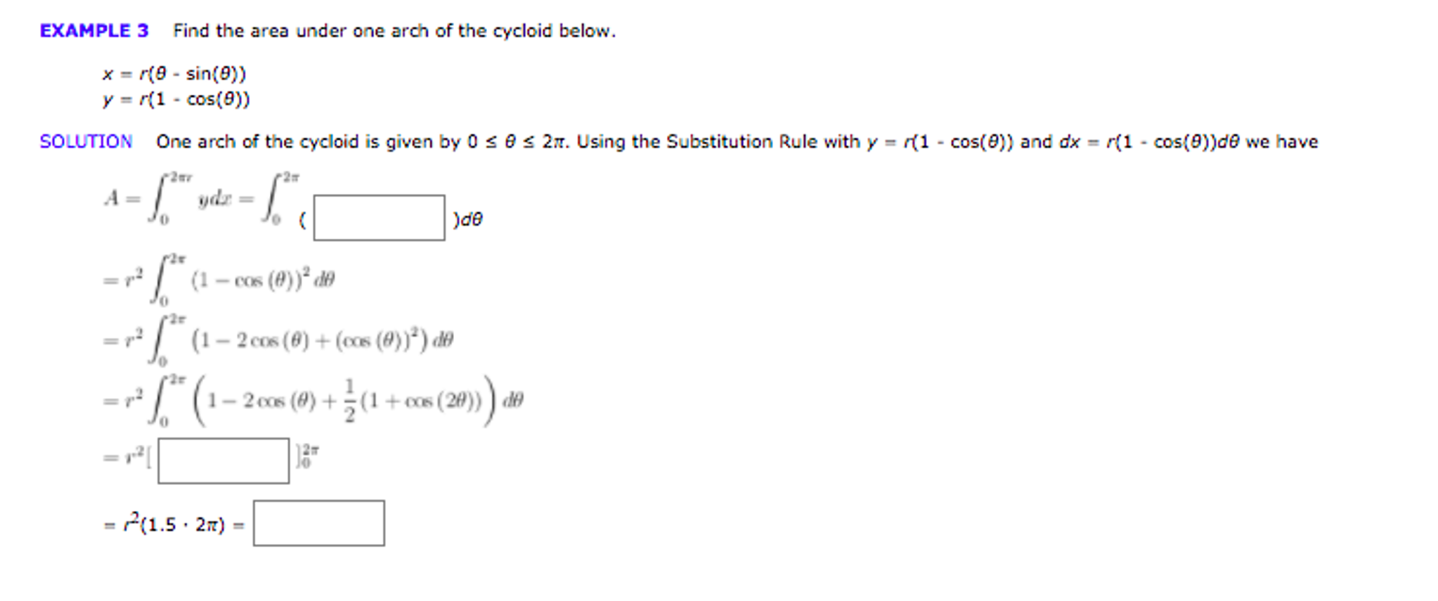 Solved Find the area under one arch of the cycloid below. x | Chegg.com