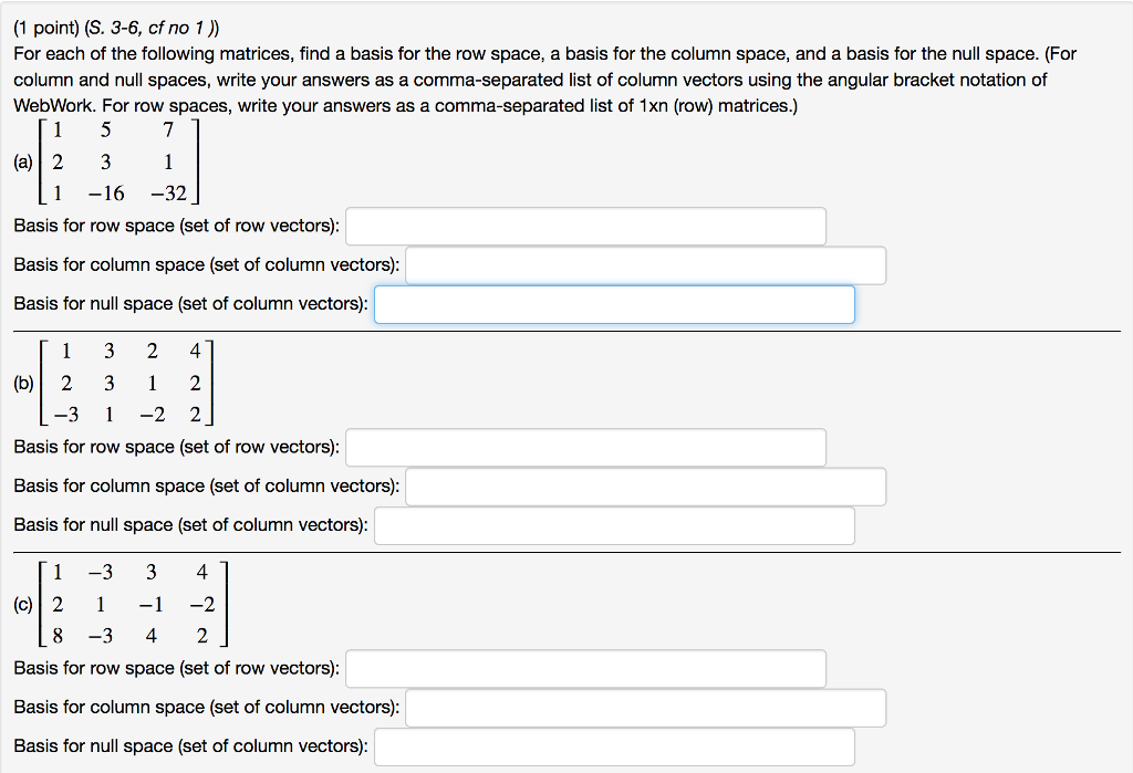 Solved For each of the following matrices, find a basis for | Chegg.com