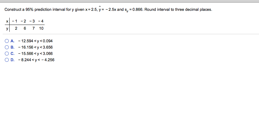 Solved Construct a 95% prediction interval for y given x = | Chegg.com