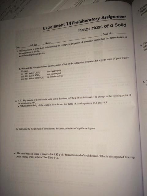 Solved nment Experiment 14 Prelaboratory Assignme Molar Mass | Chegg.com