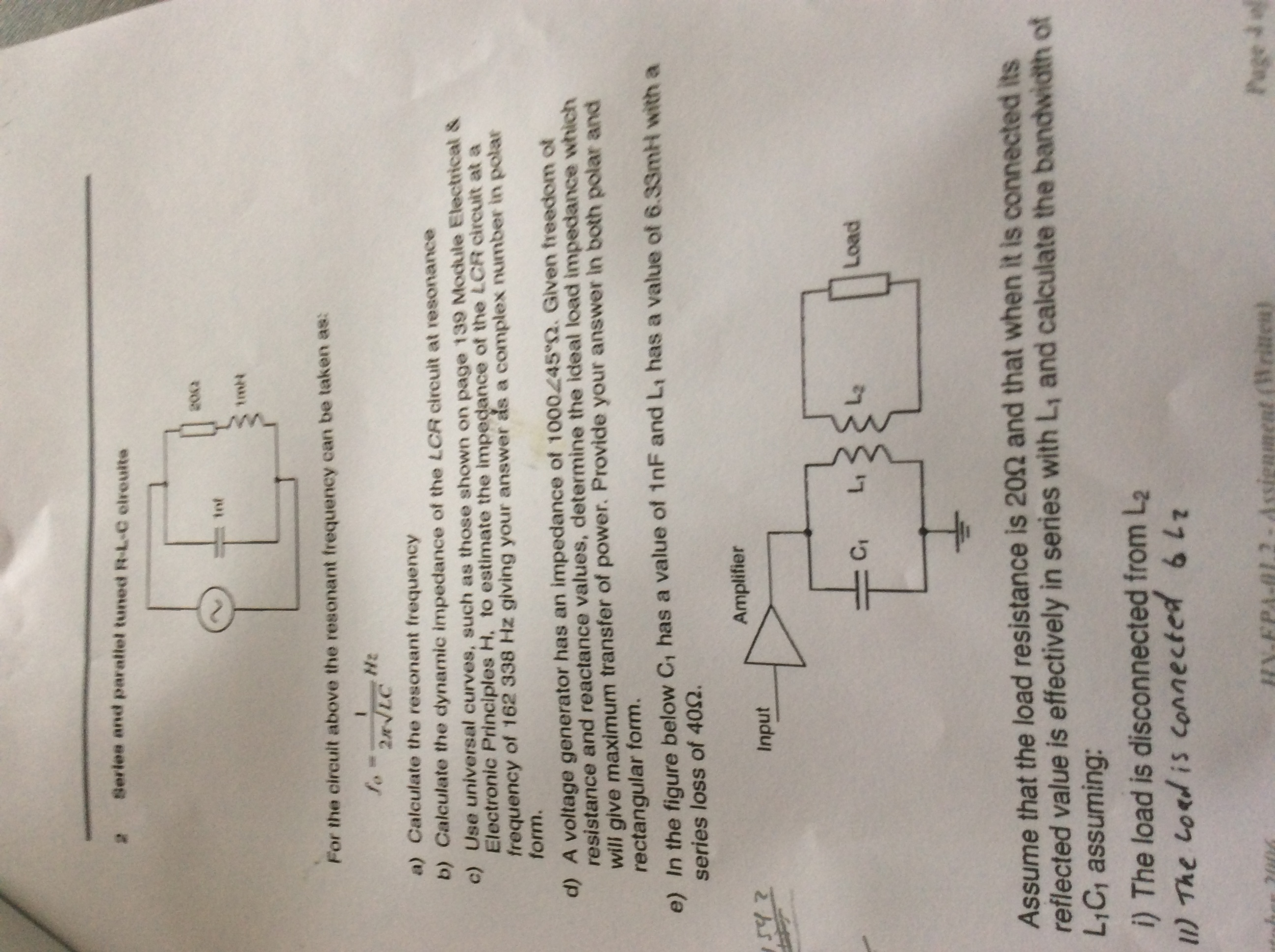 Solved Series and parallel tuned R-L-C circuits For the | Chegg.com