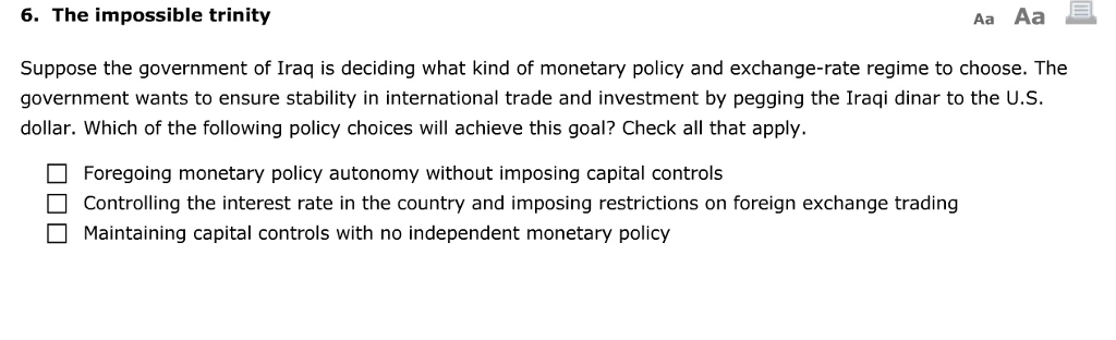 Solved 6. The impossible trinity Aa Aa Suppose the | Chegg.com