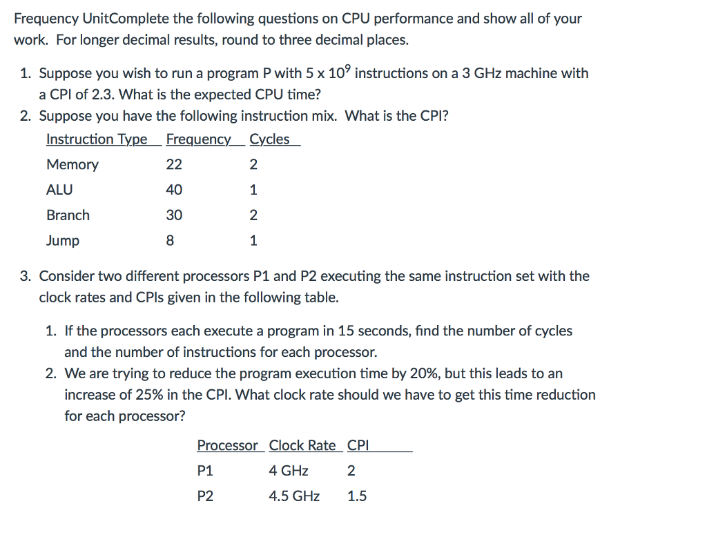 Solved Frequency UnitComplete the following questions on CPU | Chegg.com