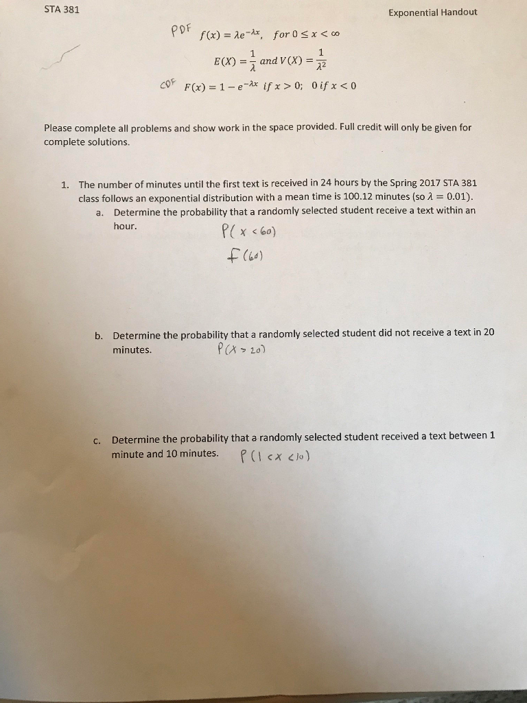 Solved STA 381 Exponential Handout D F E(X) = ½ and V(X) = 2 | Chegg.com