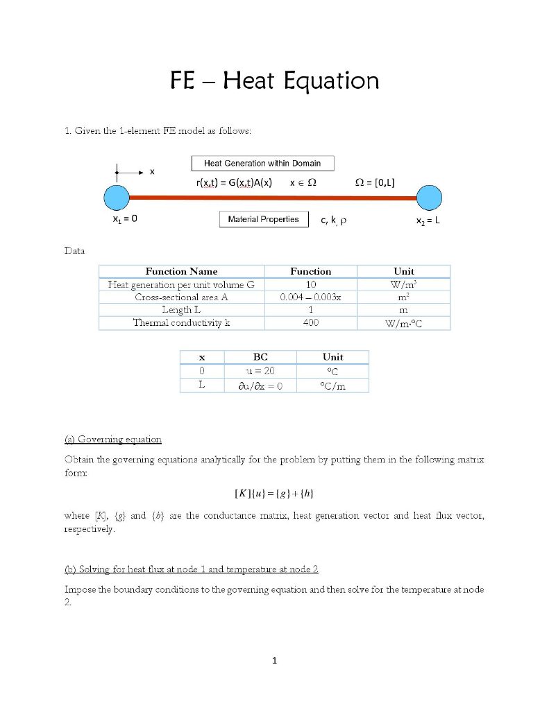 Solved FE - Heat Equation 1. Given the 1element FE model as | Chegg.com