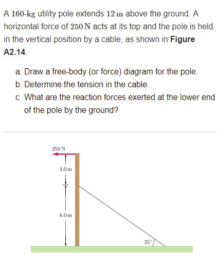 Solved A 160-kg utility pole extends 12 m above the ground. | Chegg.com