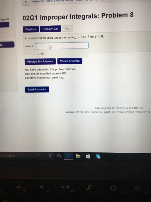 Solved 02G1 improper Integrals: Problem 8 Find the area | Chegg.com