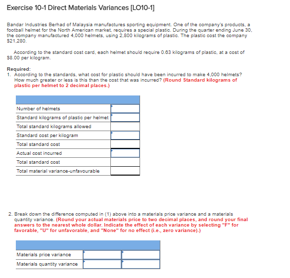 Solved Exercise 10-1 Direct Materials Variances [LO10-1] | Chegg.com