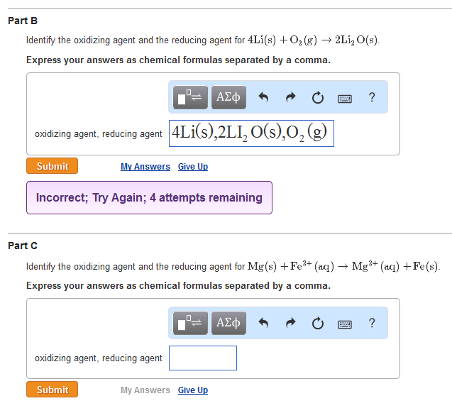 Solved Part B Identify the oxidizing agent and the reducing | Chegg.com