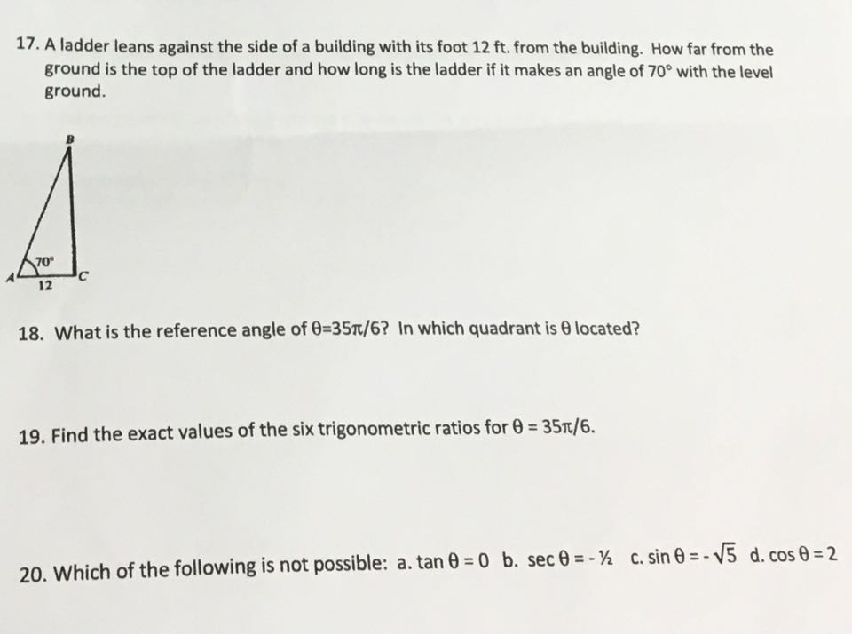 Solved Trig. questions 1-4 . A ladder leans against the side | Chegg.com