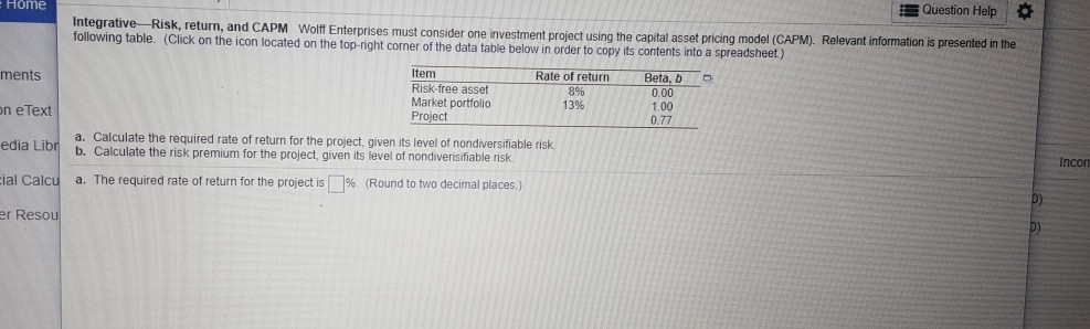 Solved Home Question Help * Integrative. Risk, return, and | Chegg.com