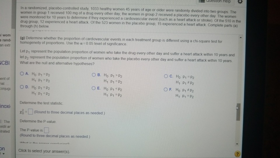 Solved In a randomized, placebo-controlled study, 1033 | Chegg.com
