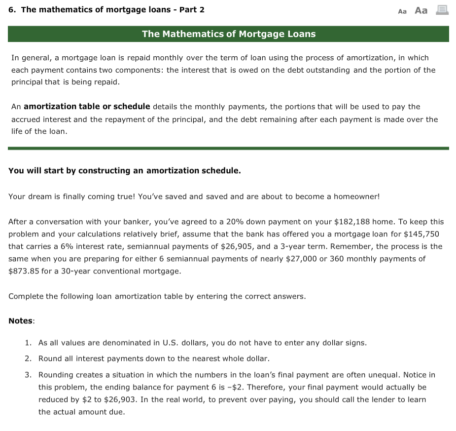 Solved Aa Aa E 6. The mathematics of mortgage loans Part 2 | Chegg.com