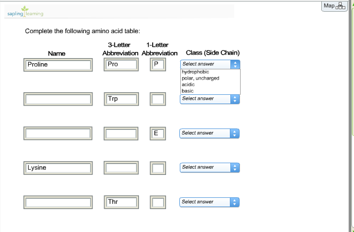 Solved pling Complete the following amino acid table: Letter | Chegg.com