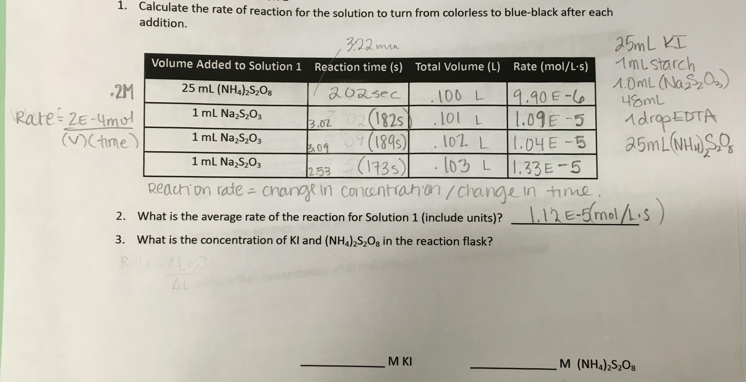 Solved Given: 25mL of KI 1mL of starch 1.0mL of .4M | Chegg.com