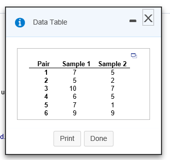 Solved Data Table Pair Sample 1 Sample 2 10 Print Done | Chegg.com