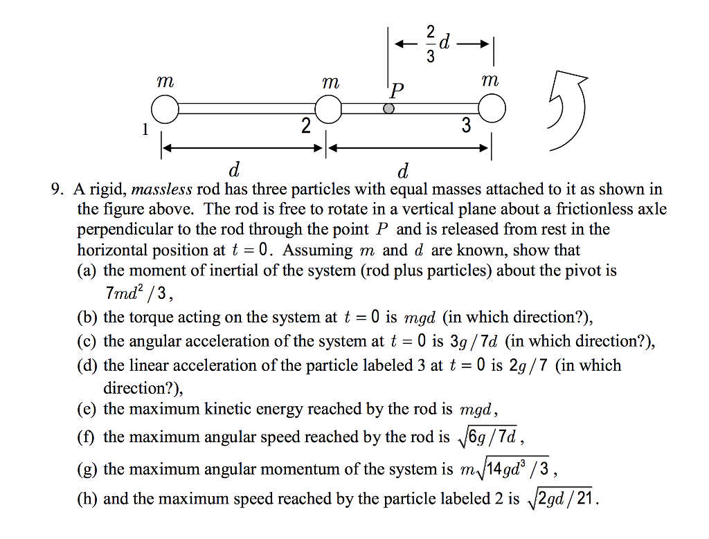 Solved A rigid, massless rod has three particles with | Chegg.com