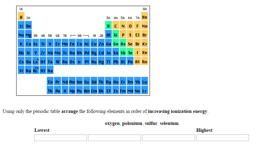 Solved Using only the periodic table arrange the following | Chegg.com