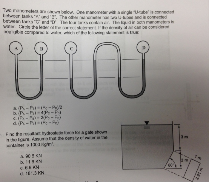 Solved Two manometers are shown below. One manometer with a | Chegg.com