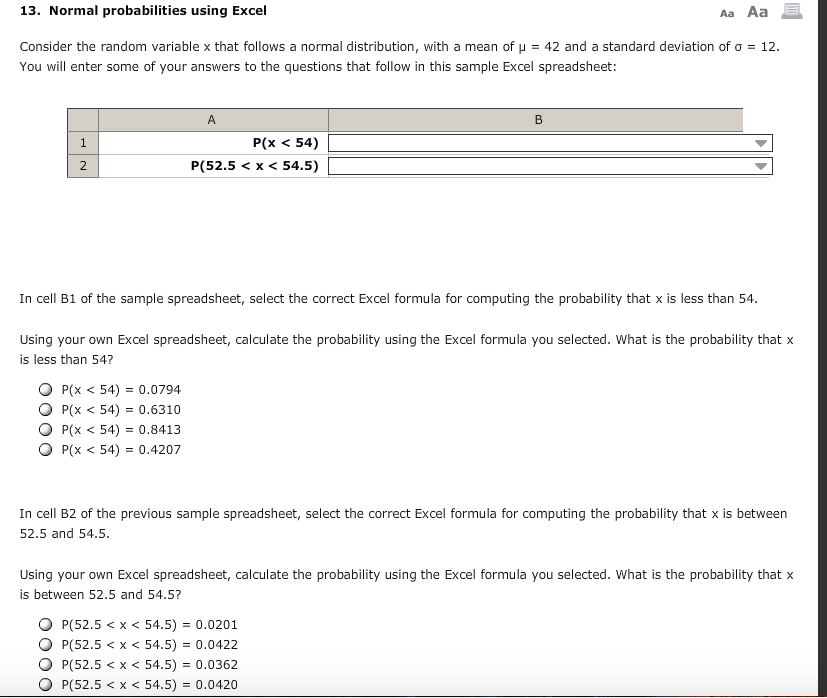 Solved 13. Normal probabilities using Excel Aa Aa Consider | Chegg.com