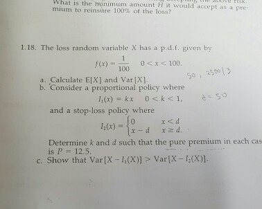 Solved The loss random variable X has a p.d.f. given by f(x) | Chegg.com