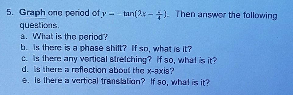 Solved 5. Graph one period of y =-tan(2x-4) Then answer the | Chegg.com
