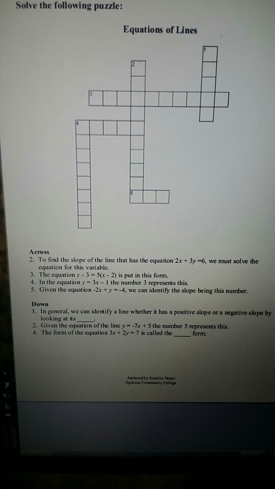 Solved Solve the following puzzle: Equations of Lines Across | Chegg.com
